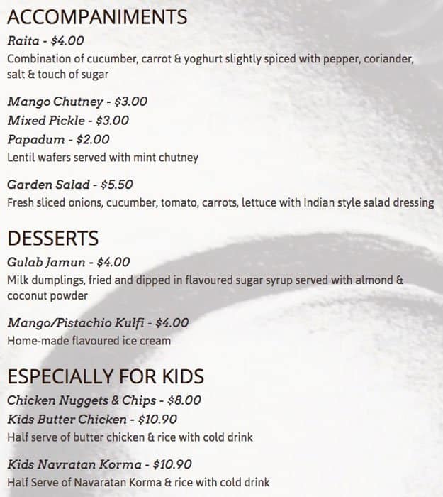 Menu at Exquisite Indian restaurant, Christies Beach