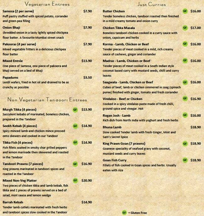 Menu at Joy of India restaurant, Adelaide, Moonta St