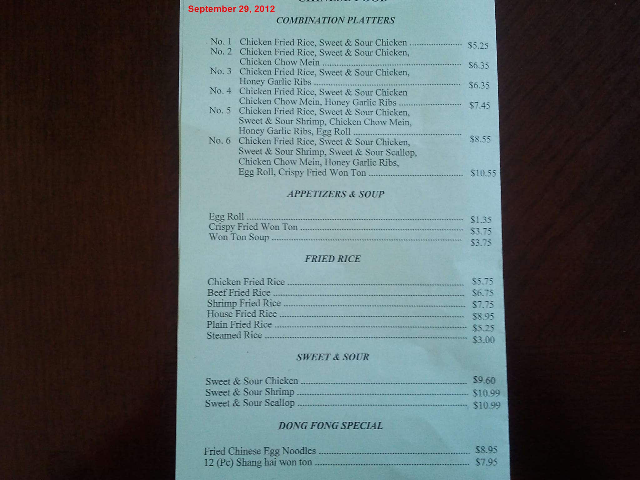 Menu at Dong Fong Restaurant, St. John's