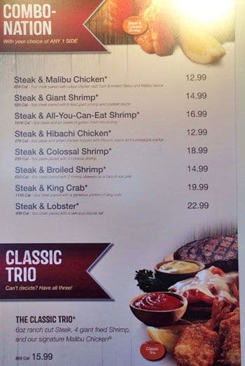 Menu at Sizzler steakhouse, Tacoma