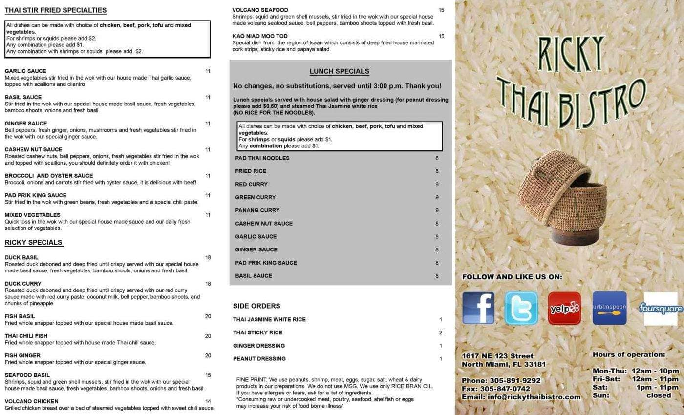 Menu at Ricky Thai Bistro restaurant, North Miami