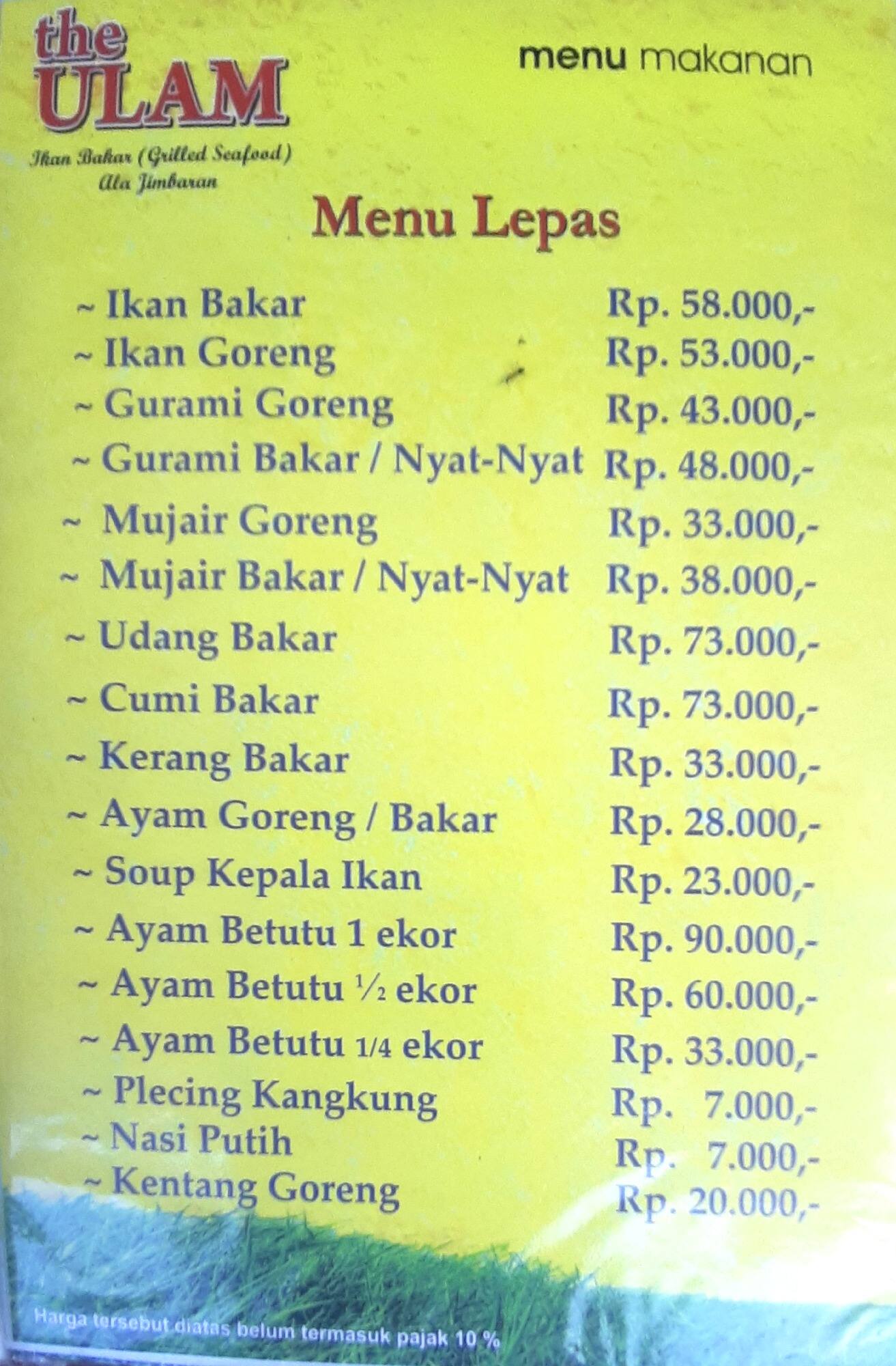 Menu at Warung the ulam restaurant, Mengwi
