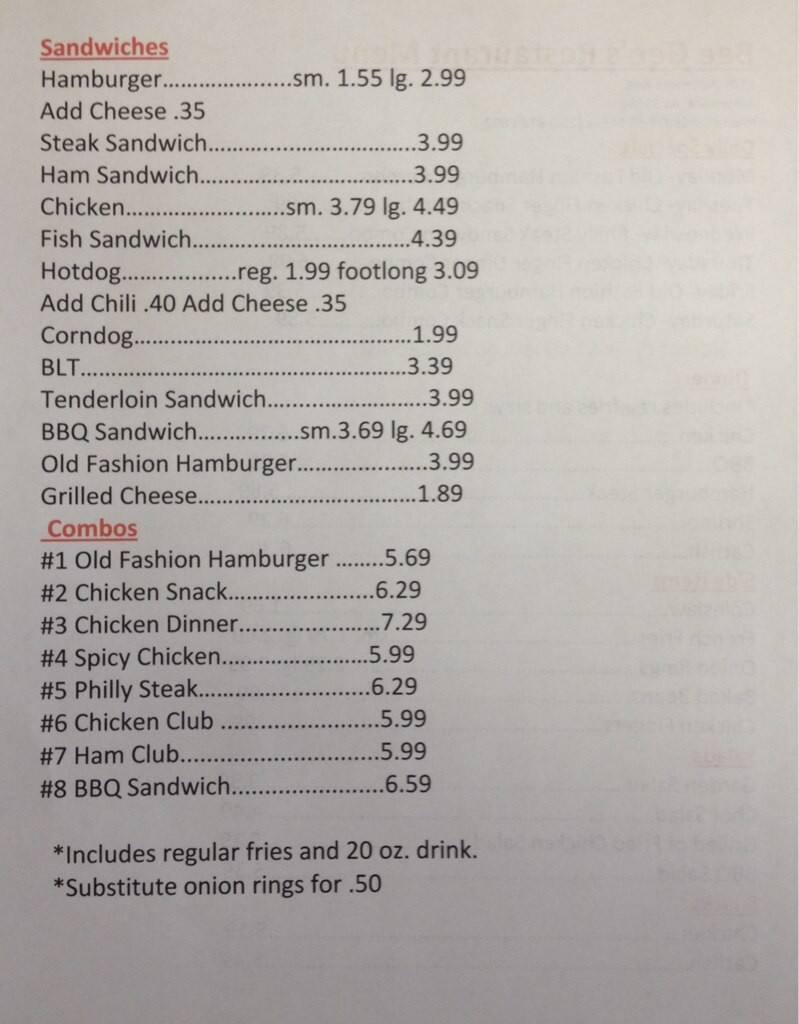 Menu at Bee-Gee's restaurant, Albertville