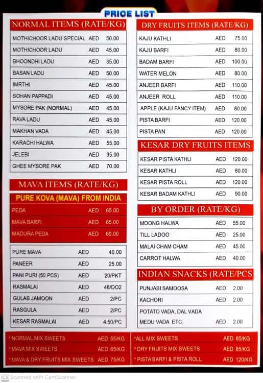 Menu of Best 1 Sweets, Al Karama, Dubai