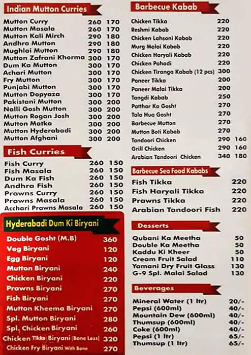 Menu of Taj Dhaba, Tarnaka, Hyderabad