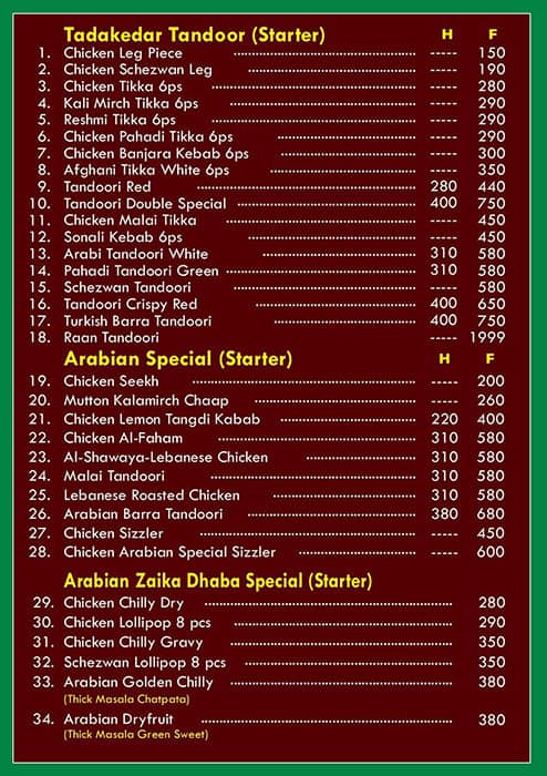 Menu of Arabian Zaika, Kharghar, Navi Mumbai
