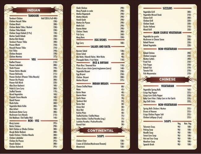 Menu at Celebrations, Allahabad