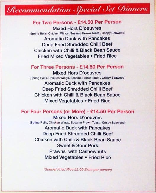 Menu at Wong Kei restaurant, London, 41-43 Wardour St