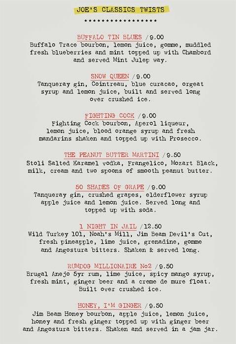 Menu at Joe's Southern Table & Bar, London, 34 King Street