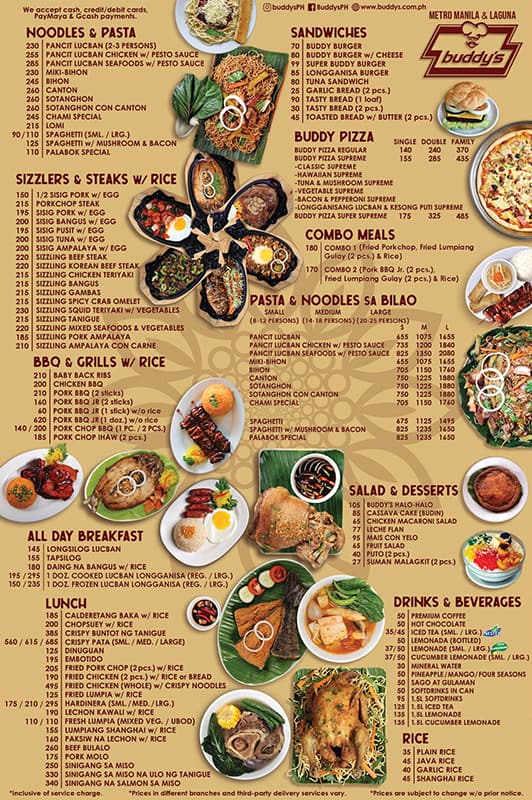 Menu at Buddy's restaurant, Makati, Kakarong Street Corner Barasoain Street