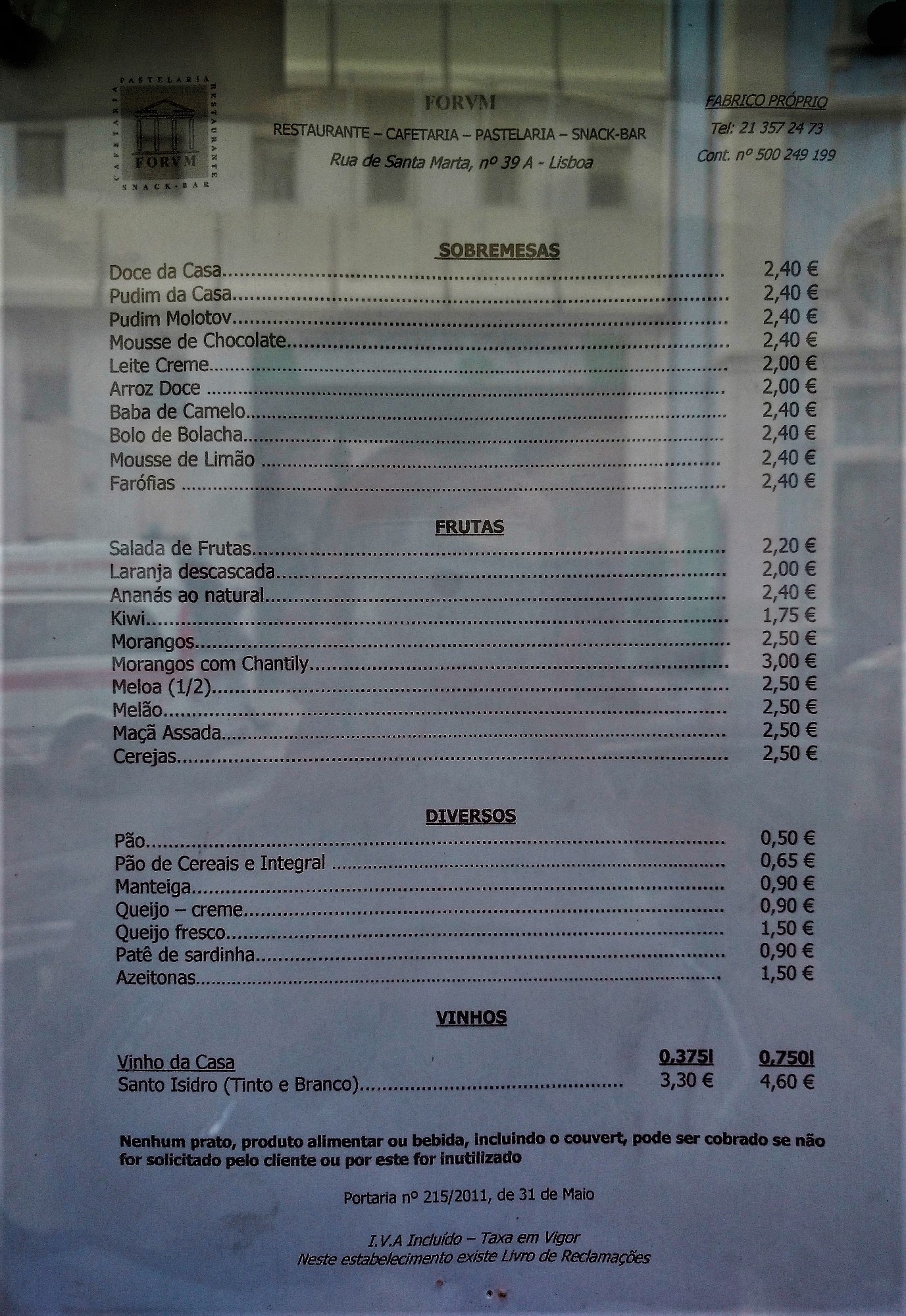 Menu em PASTELARIA FORUM café, Lisboa
