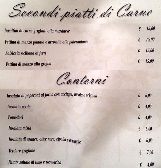 Menu at Naxos restaurant, Milan