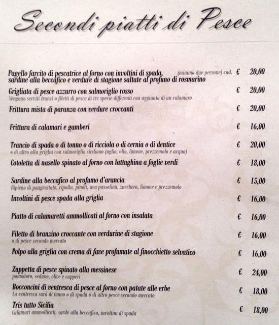 Menu at Naxos restaurant, Milan