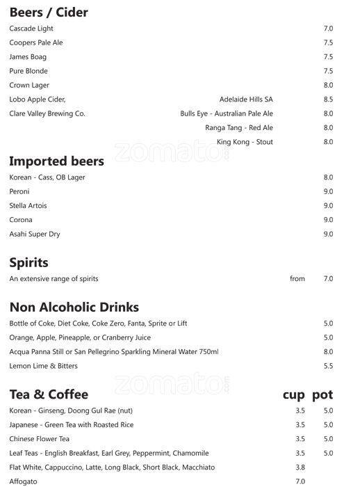 Menu at Mapo Korean Restaurant, Adelaide