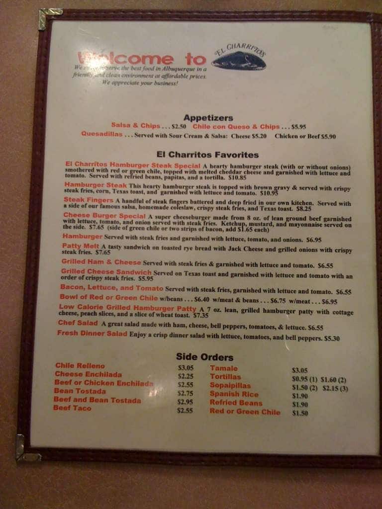 Menu at El Charritos New Mexican Restaurant, Albuquerque