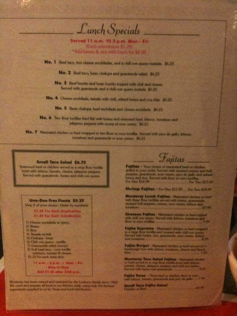 Menu at Monterey House Restaurant, Beaumont, S 11th St