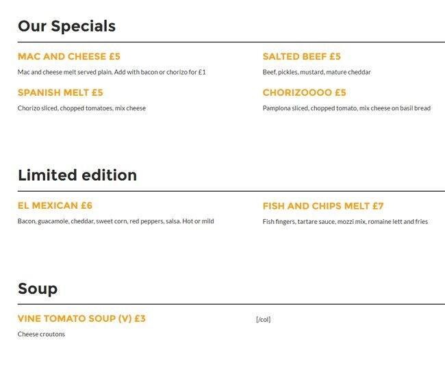 Menu at Melt Room cafe, London