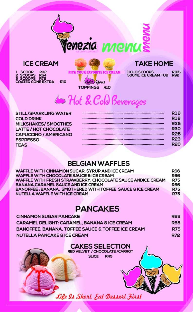 Menu at Venezia Ice Cream Parlour cafe, Cape Town