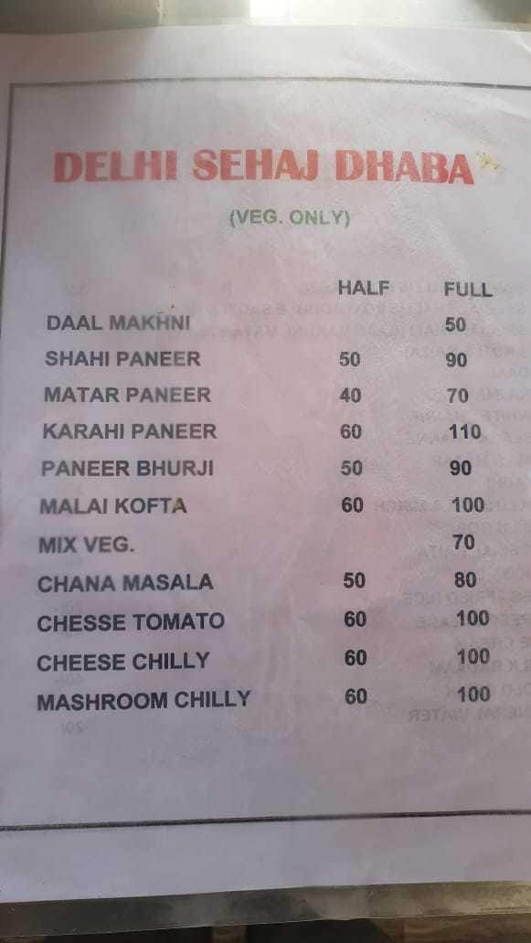 Menu at Delhi Sehaj Dhaba, Patiala, Bhadson Road