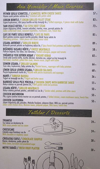 Menu at The Muse, Istanbul