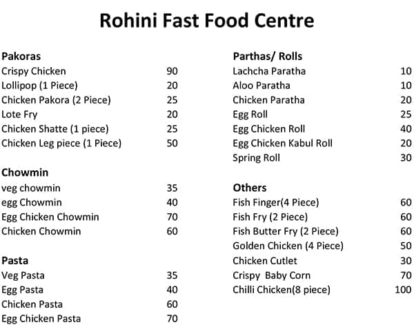 Menu of Rohini Fast Food Centre, Kalyani, Kolkata