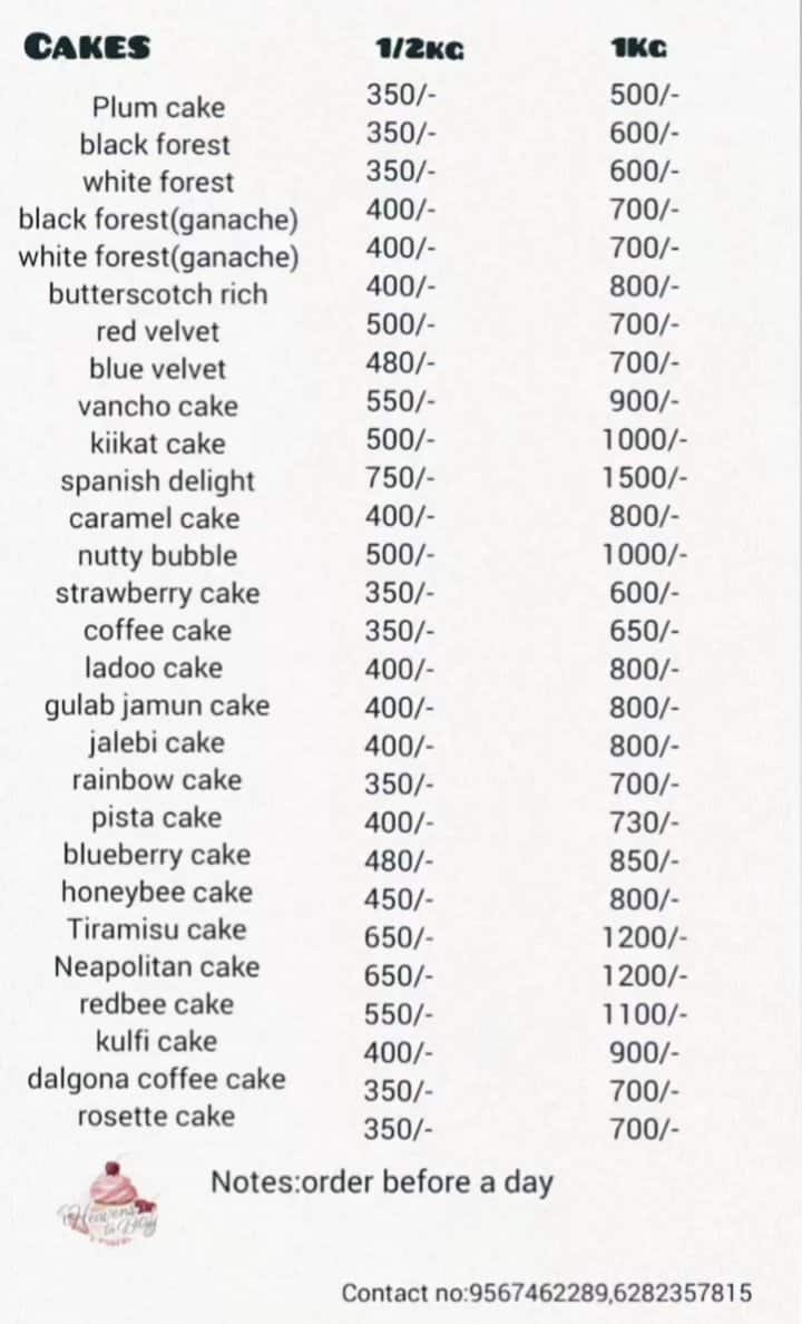 Menu of The Cake Boss, Thycaud, Trivandrum