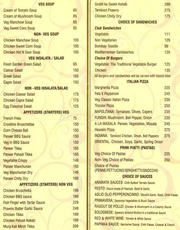 Menu at Flamingo, Mumbai