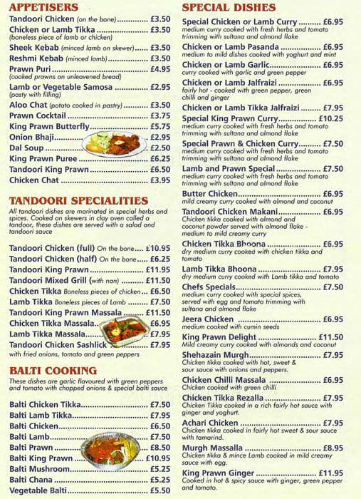 Menu at Taj Mahal restaurant, Addlestone, 186 Station Rd