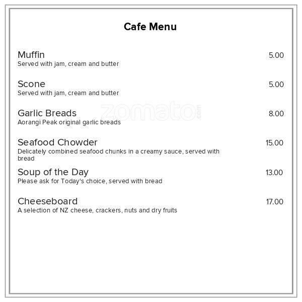 Menu at Aorangi Peak Restaurant, Rotorua