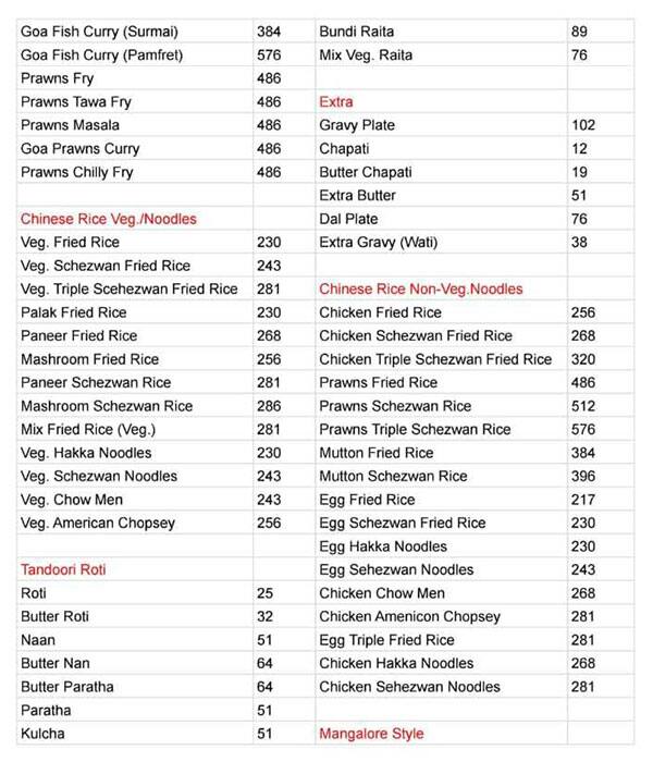 Menu at Hotel Asha, Pune