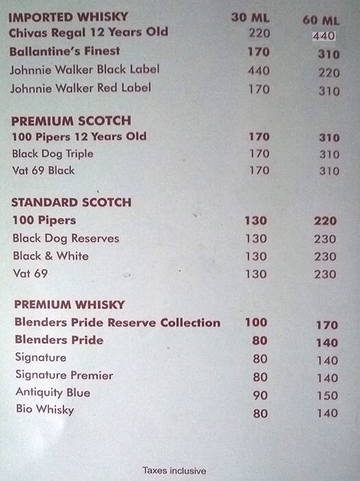 Menu at Paimana Bar, Jaipur, 5 & 6, Khatipura Rd