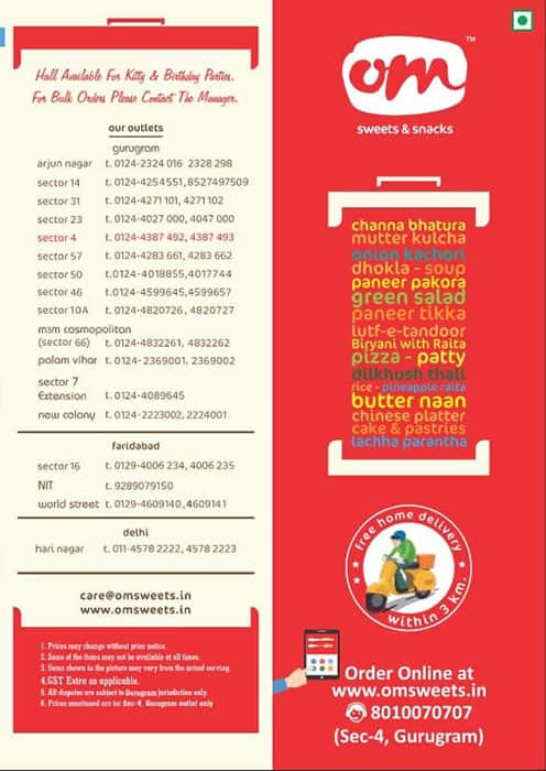 Menu of Om Sweets & Snacks, Sector 15, Gurgaon