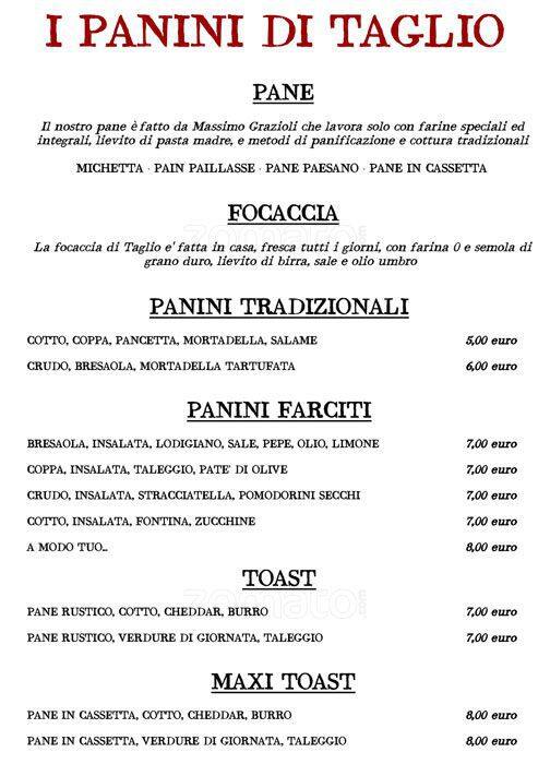Menu at Taglio restaurant, Milan