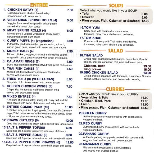 Menu at Ta Wan Thai restaurant, Waitara