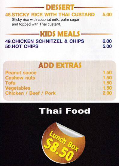 Menu at Ta Wan Thai restaurant, Waitara
