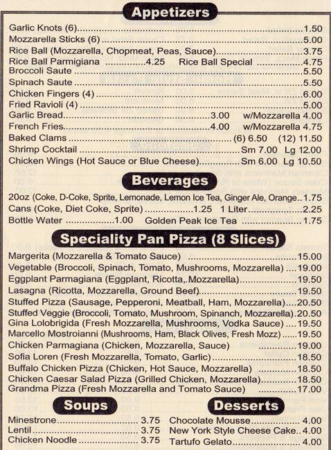 Menu at Pete's pizzeria, New York City, 3rd Ave