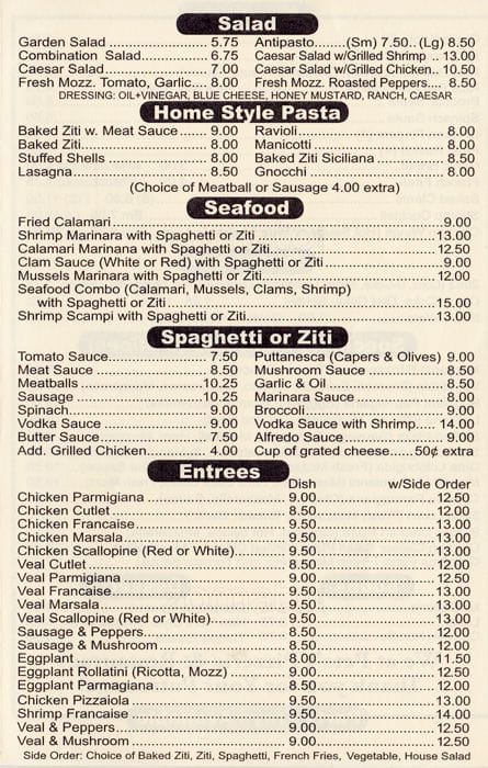 Menu at Pete's pizzeria, New York City, 3rd Ave