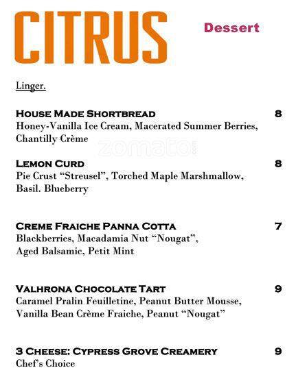 Menu at Citrus restaurant, San Antonio