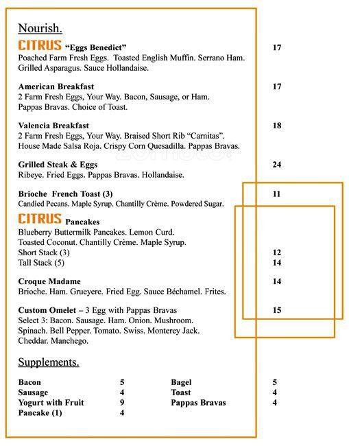 Menu at Citrus restaurant, San Antonio