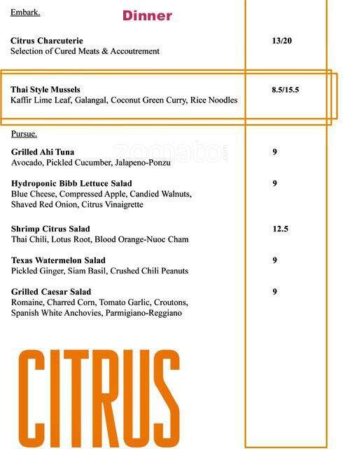 Menu at Citrus restaurant, San Antonio