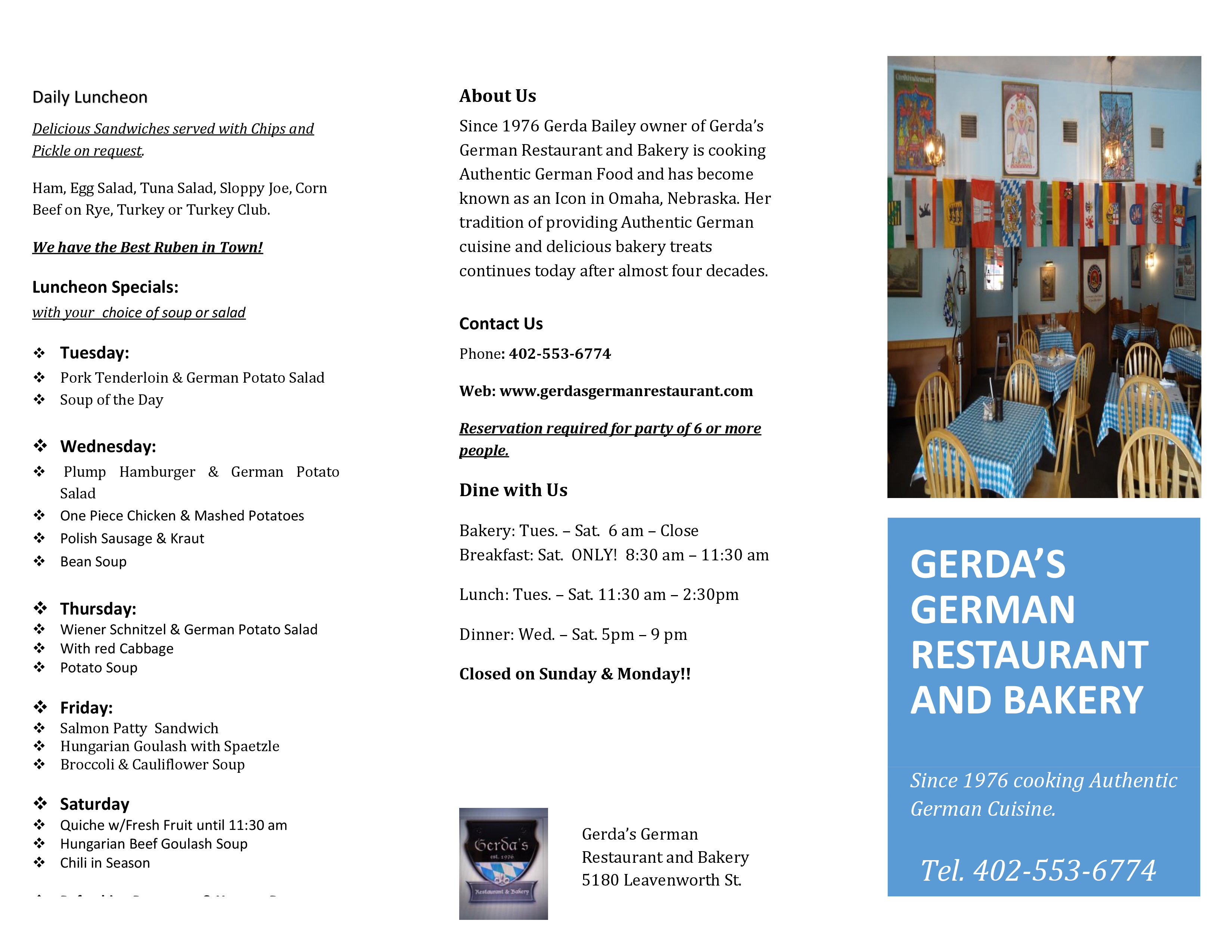 Menu at Gerda's German Restaurant & Bakery, Omaha