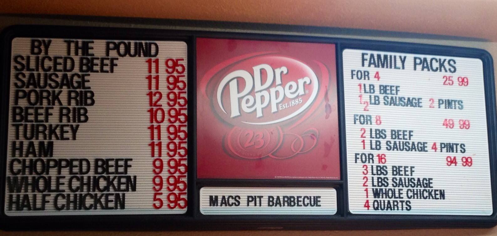 Menu at Mac's Pit Barbecue, Rockport