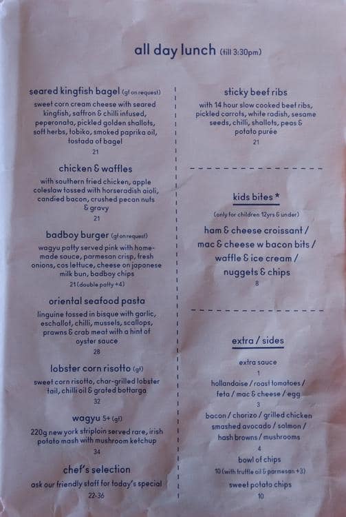 Menu at Bare Witness, Rhodes