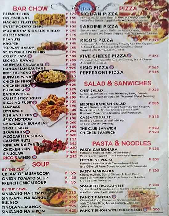 Menu at Rico's Bar and Restaurant, Pasig