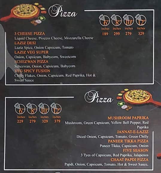Menu of Laziz Pizza, City Centre, Udaipur