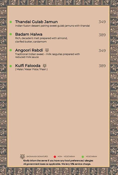 Menu at Badmaash UB City, Bengaluru