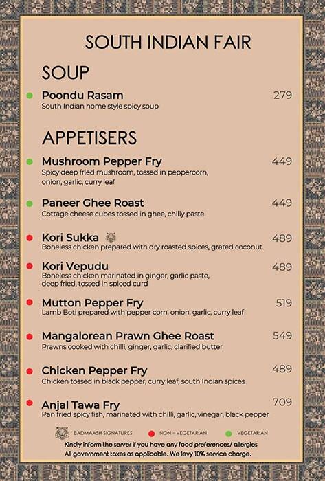 Menu at Badmaash UB City, Bengaluru