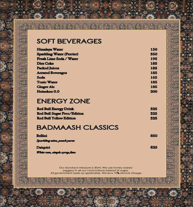 Menu at Badmaash UB City, Bengaluru