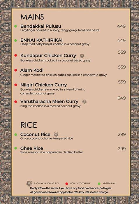 Menu at Badmaash UB City, Bengaluru