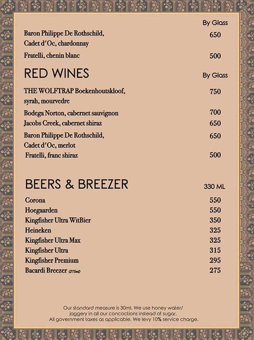 Menu at Badmaash UB City, Bengaluru